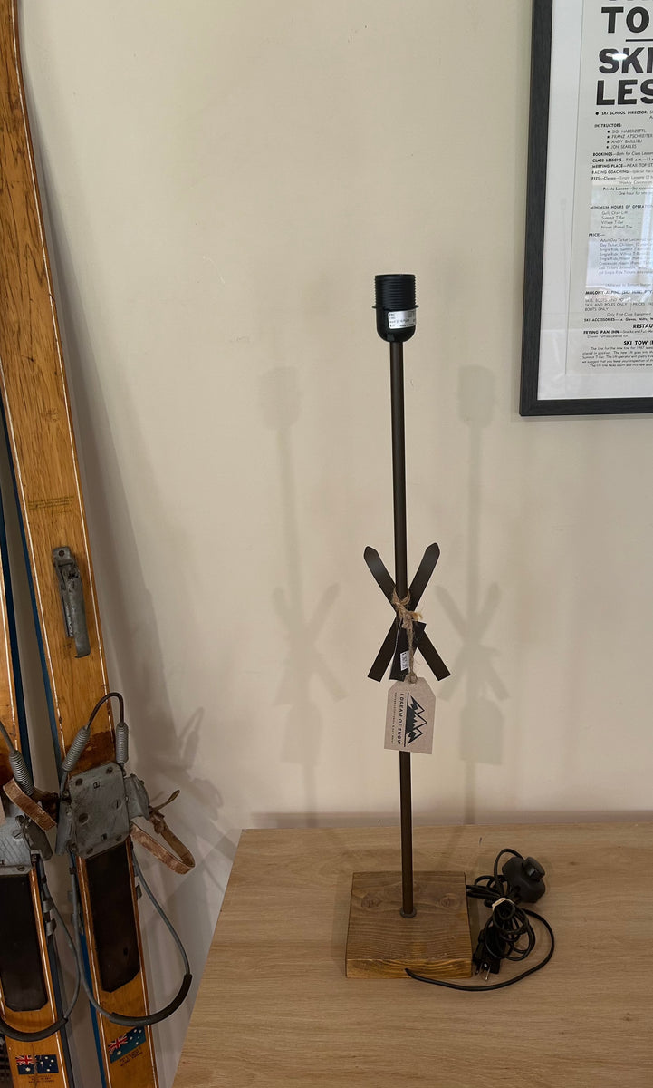 Crossed Skis Lamp Base on Wood Plinth – I Dream of Snow