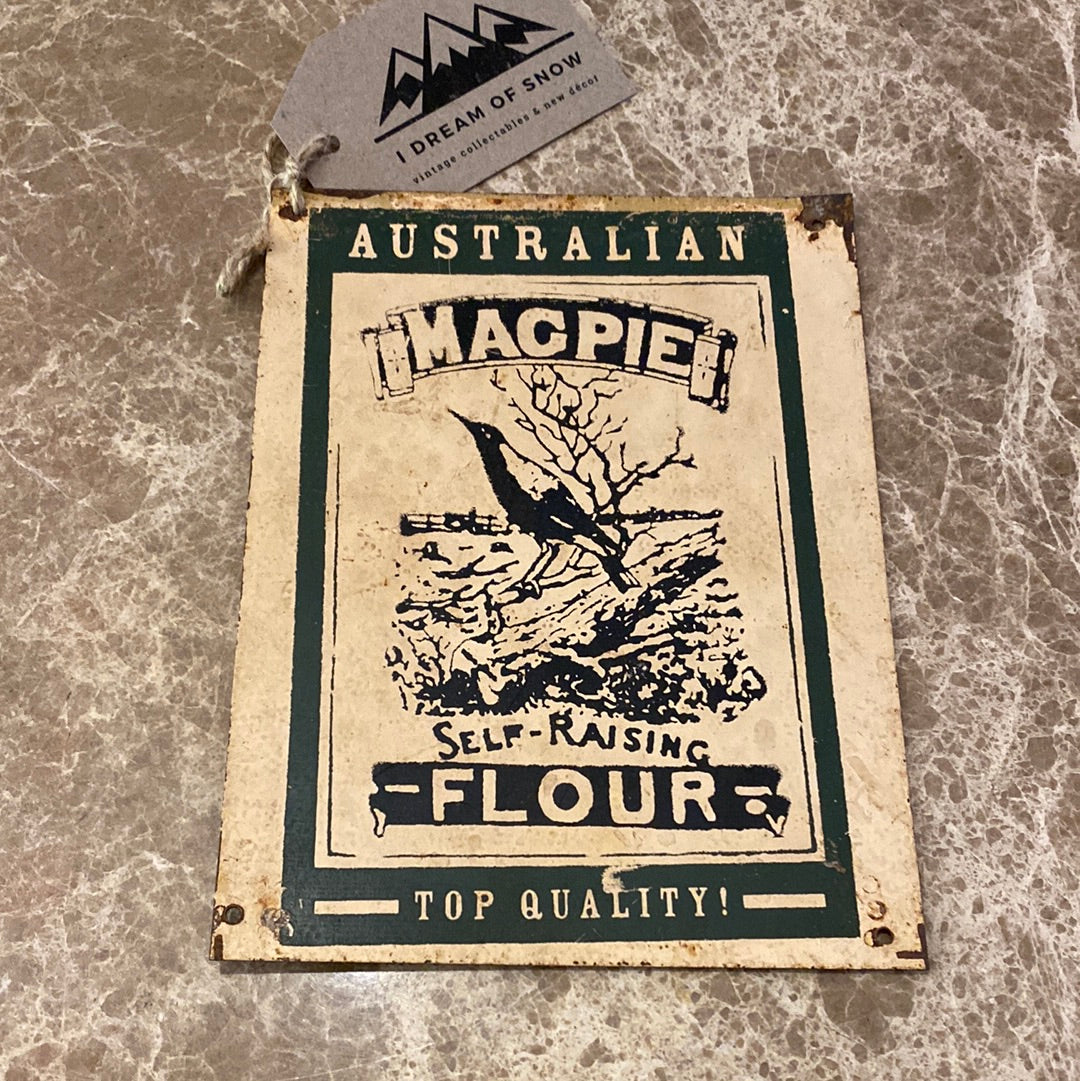 Vintage Magpie Self Raising Flour Advertising Tin Sign – I Dream of Snow